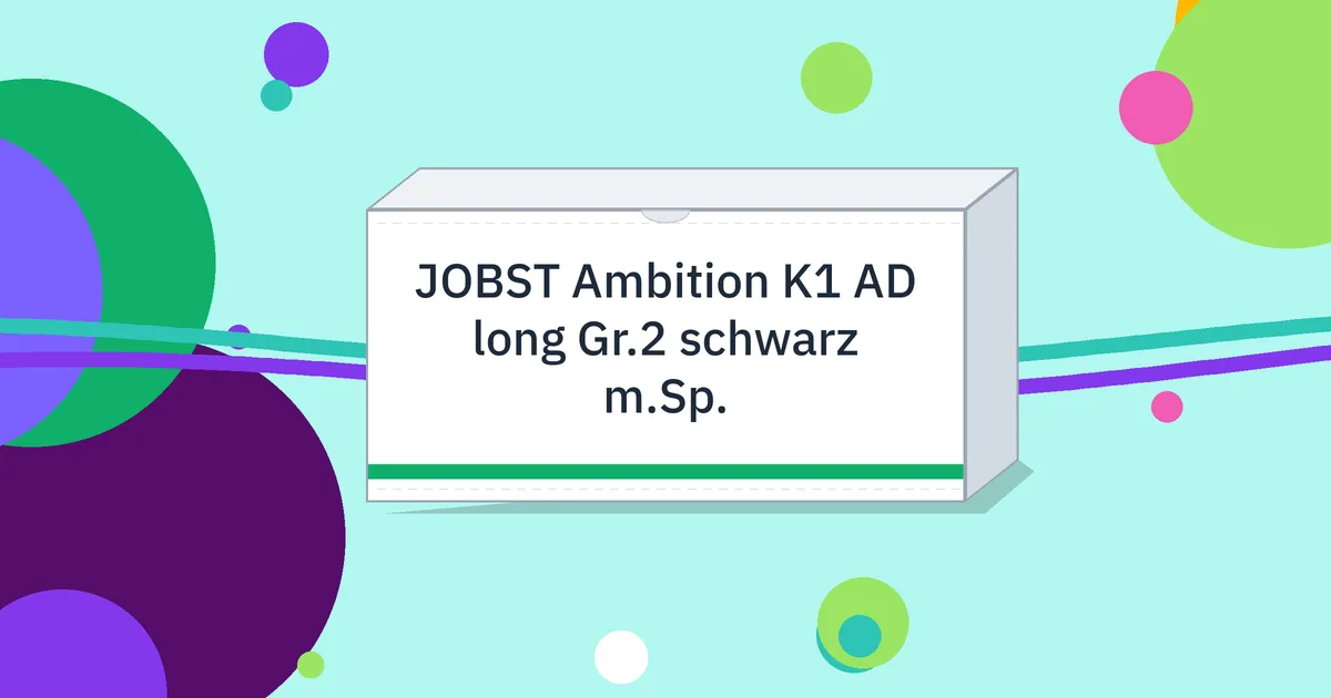 Symbolbild: Packung mit der Aufschrift JOBST Ambition K1 AD long Gr.2 schwarz m.Sp. (PZN 11020023) – Verfügbarkeit und Bezug in Apotheken in Frankfurt am Main