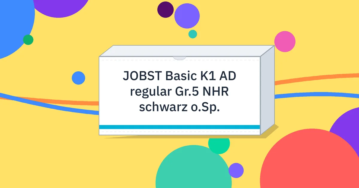 Symbolbild: Packung mit der Aufschrift JOBST Basic K1 AD regular Gr.5 NHR schwarz o.Sp. (PZN 15313383) – Verfügbarkeit und Bezug in Apotheken in Frankfurt am Main