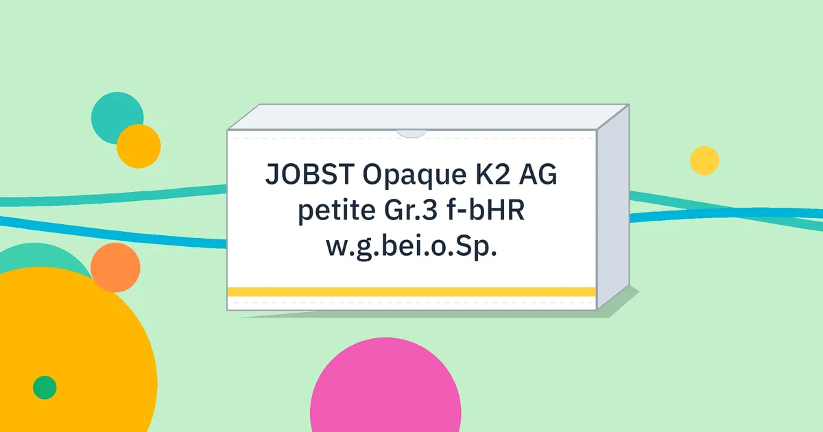 Symbolbild: Packung mit der Aufschrift JOBST Opaque K2 AG petite Gr.3 f-bHR w.g.bei.o.Sp. (PZN 16283968) – Verfügbarkeit und Bezug in Apotheken in Frankfurt am Main