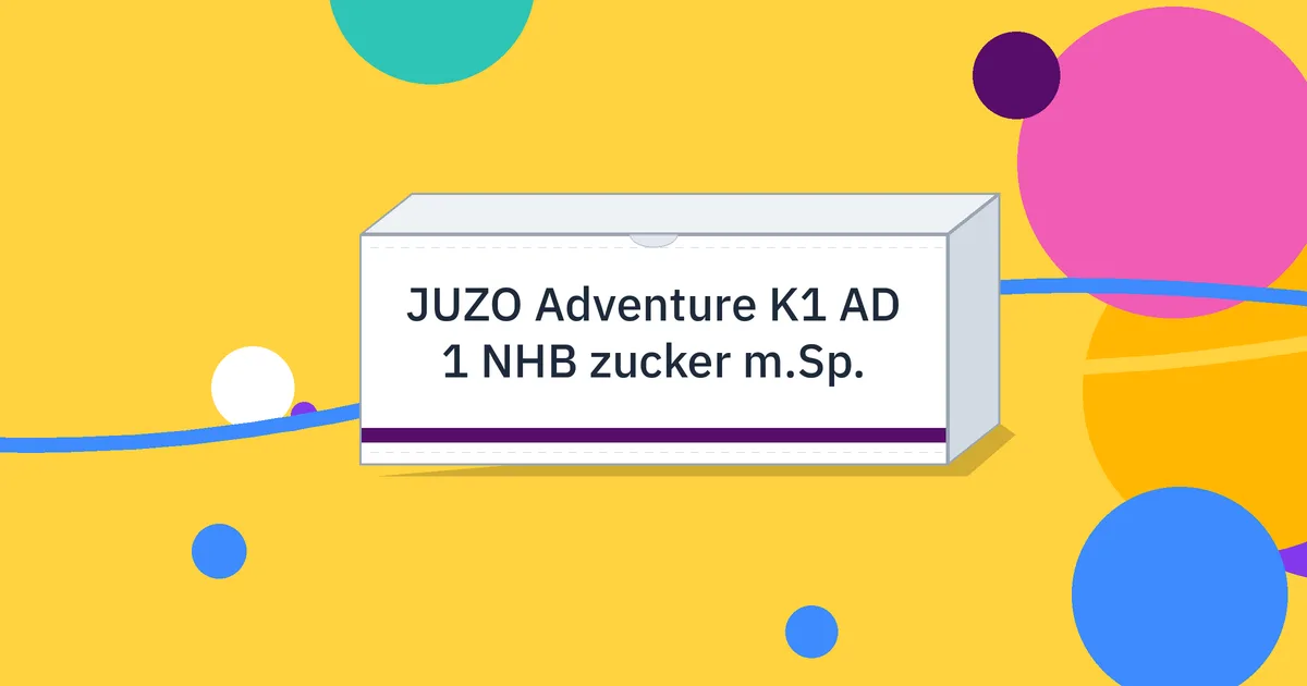 Symbolbild: Packung mit der Aufschrift JUZO Adventure K1 AD 1 NHB zucker m.Sp. (PZN 16343943) – Verfügbarkeit und Bezug in Apotheken in Frankfurt am Main