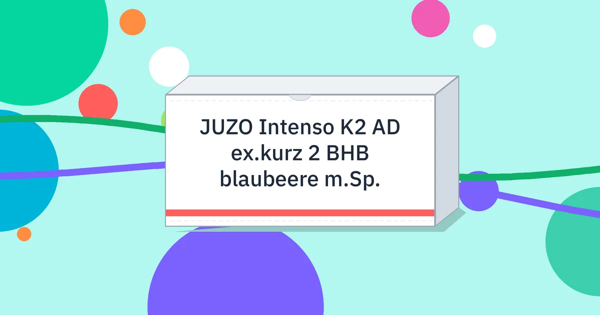 Symbolbild: Packung mit der Aufschrift JUZO Intenso K2 AD ex.kurz 2 BHB blaubeere m.Sp. (PZN 18615162) – Verfügbarkeit und Bezug in Apotheken in Frankfurt am Main