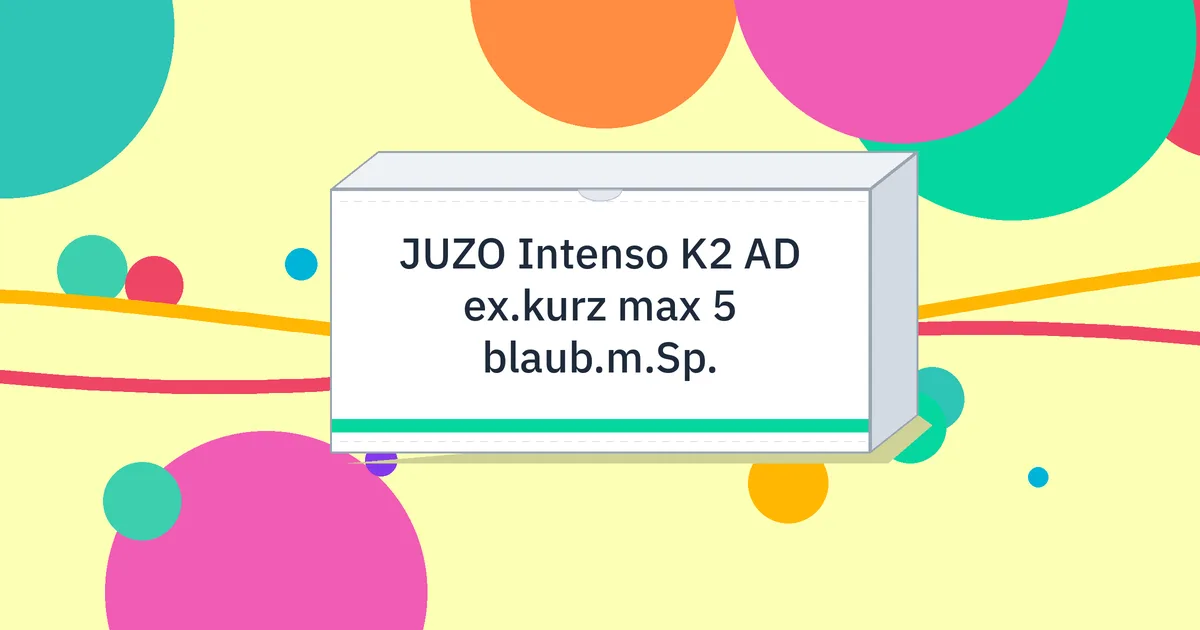 Symbolbild: Packung mit der Aufschrift JUZO Intenso K2 AD ex.kurz max 5 blaub.m.Sp. (PZN 18606921) – Verfügbarkeit und Bezug in Apotheken in Frankfurt am Main
