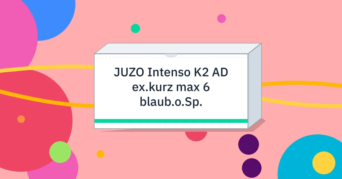 Symbolbild: Packung mit der Aufschrift JUZO Intenso K2 AD ex.kurz max 6 blaub.o.Sp. (PZN 18617563) – Verfügbarkeit und Bezug in Apotheken in Frankfurt am Main