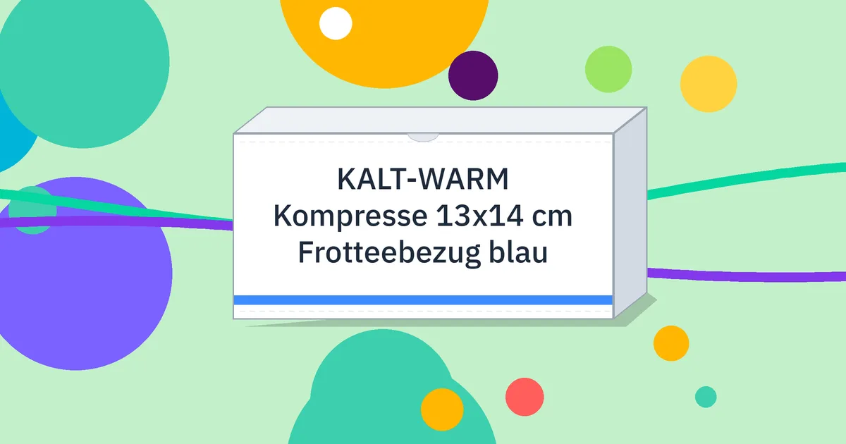 Symbolbild: Packung mit der Aufschrift KALT-WARM Kompresse 13x14 cm Frotteebezug blau (PZN 10076895) – Verfügbarkeit und Bezug in Apotheken in Frankfurt am Main