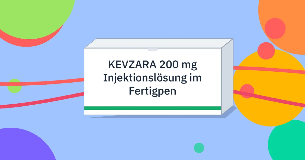 Symbolbild: Packung mit der Aufschrift KEVZARA 200 mg Injektionslösung im Fertigpen (PZN 15391762) – Verfügbarkeit und Bezug in Apotheken in Frankfurt am Main