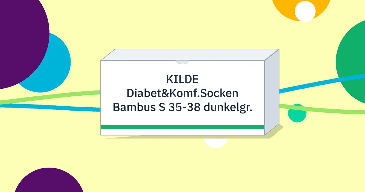 Symbolbild: Packung mit der Aufschrift KILDE Diabet&Komf.Socken Bambus S 35-38 dunkelgr. (PZN 20798247) – Verfügbarkeit und Bezug in Apotheken in Frankfurt am Main