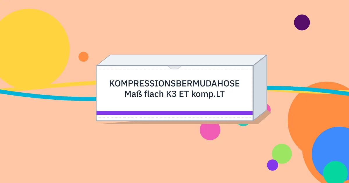 Symbolbild: Packung mit der Aufschrift KOMPRESSIONSBERMUDAHOSE Maß flach K3 ET komp.LT (PZN 19998082) – Verfügbarkeit und Bezug in Apotheken in Frankfurt am Main