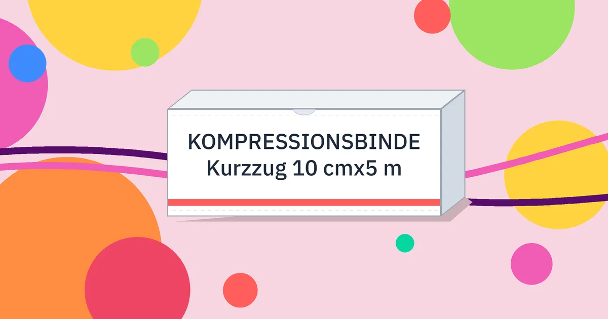 Symbolbild: Packung mit der Aufschrift KOMPRESSIONSBINDE Kurzzug 10 cmx5 m (PZN 07550672) – Verfügbarkeit und Bezug in Apotheken in Frankfurt am Main