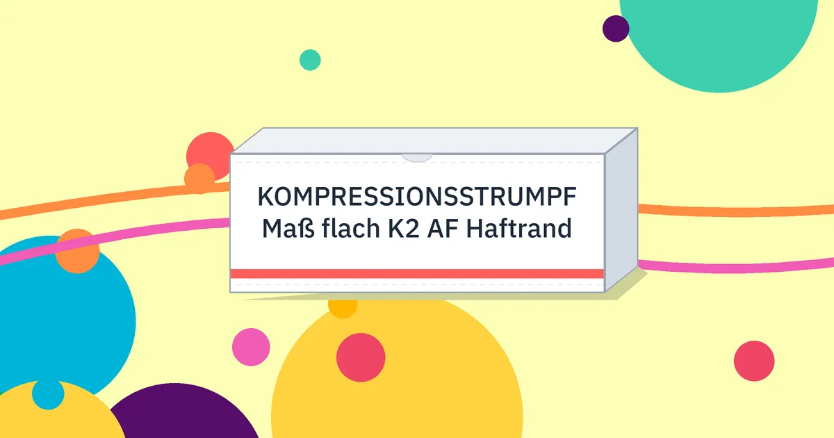 Symbolbild: Packung mit der Aufschrift KOMPRESSIONSSTRUMPF Maß flach K2 AF Haftrand (PZN 16745185) – Verfügbarkeit und Bezug in Apotheken in Frankfurt am Main