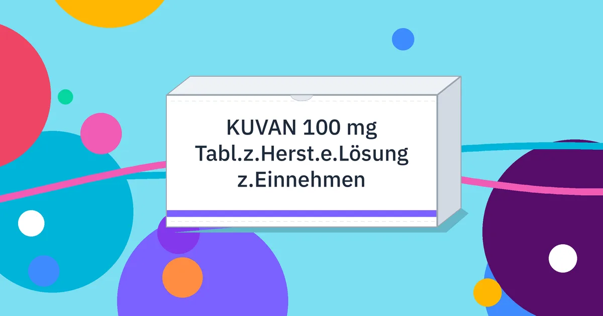 Symbolbild: Packung mit der Aufschrift KUVAN 100 mg Tabl.z.Herst.e.Lösung z.Einnehmen (PZN 19460224) – Verfügbarkeit und Bezug in Apotheken in Frankfurt am Main