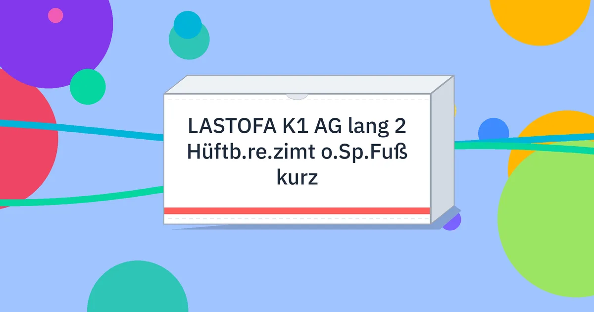 Symbolbild: Packung mit der Aufschrift LASTOFA K1 AG lang 2 Hüftb.re.zimt o.Sp.Fuß kurz (PZN 13797649) – Verfügbarkeit und Bezug in Apotheken in Frankfurt am Main
