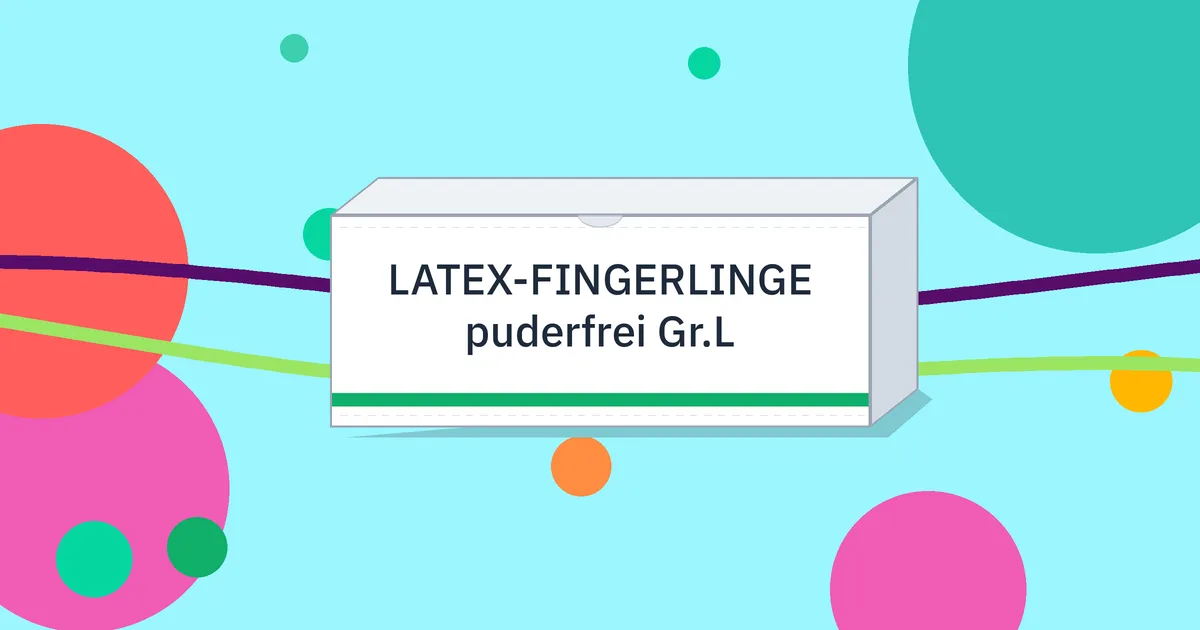 Symbolbild: Packung mit der Aufschrift LATEX-FINGERLINGE puderfrei Gr.L (PZN 09728269) – Verfügbarkeit und Bezug in Apotheken in Frankfurt am Main