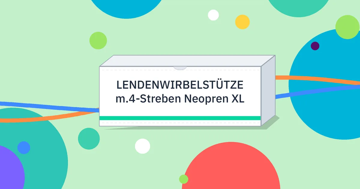 Symbolbild: Packung mit der Aufschrift LENDENWIRBELSTÜTZE m.4-Streben Neopren XL (PZN 19070948) – Verfügbarkeit und Bezug in Apotheken in Frankfurt am Main