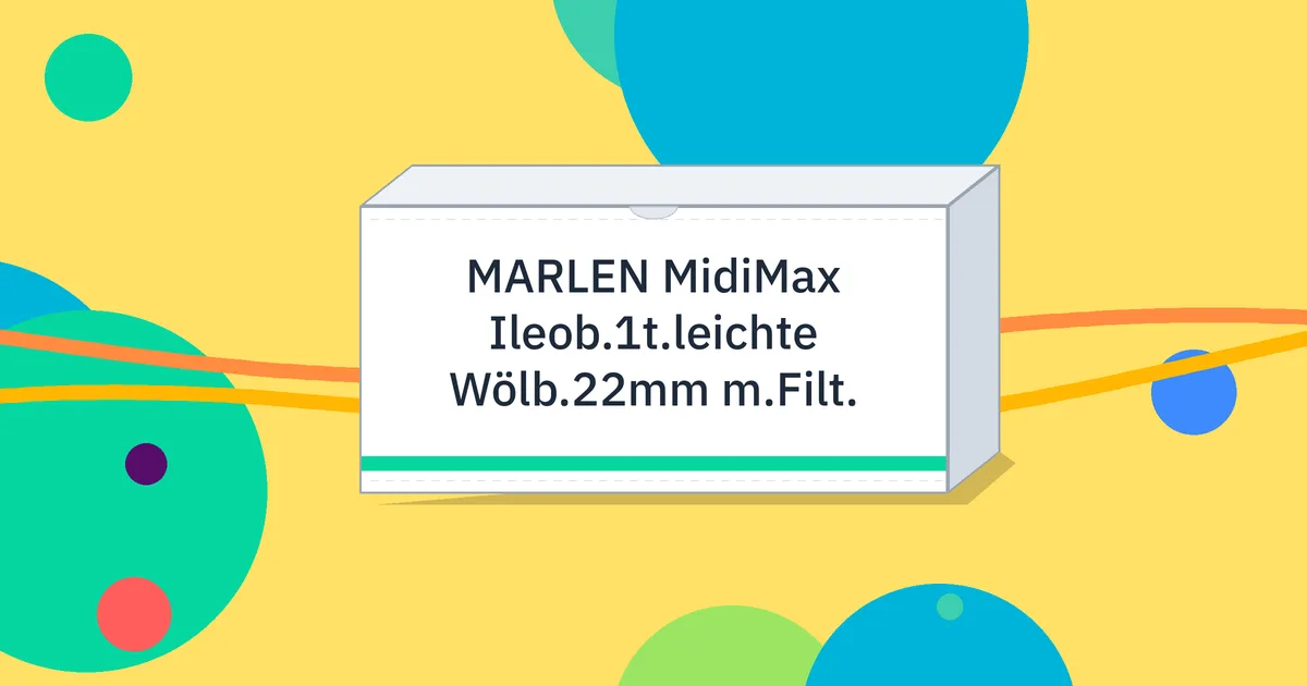 Symbolbild: Packung mit der Aufschrift MARLEN MidiMax Ileob.1t.leichte Wölb.22mm m.Filt. (PZN 16658150) – Verfügbarkeit und Bezug in Apotheken in Frankfurt am Main