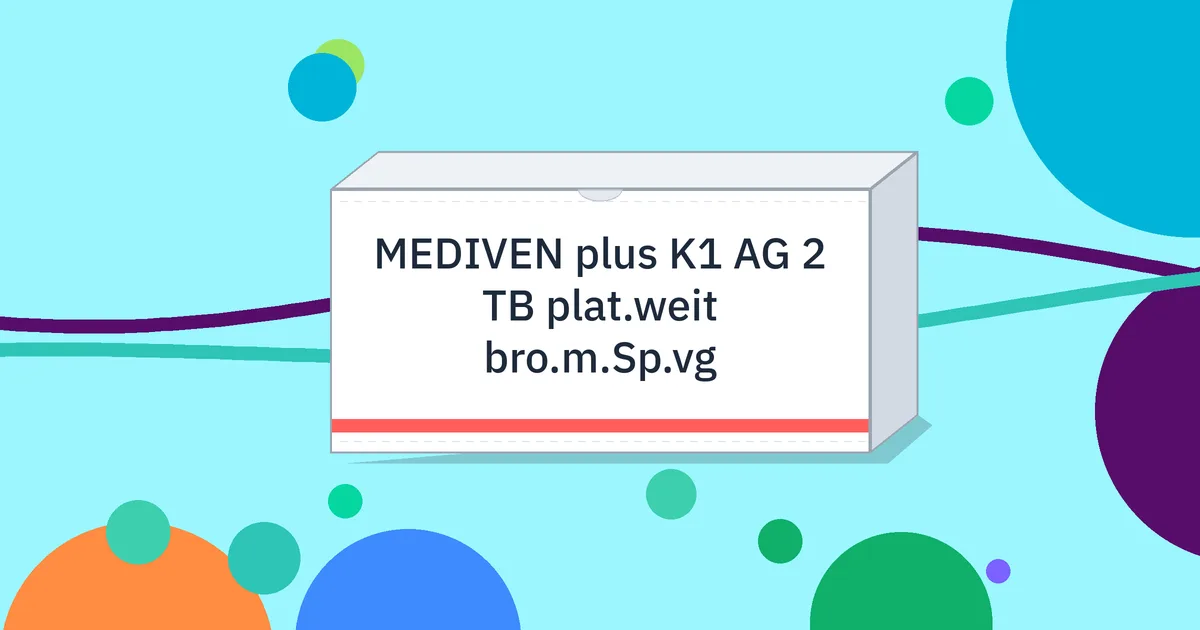 Symbolbild: Packung mit der Aufschrift MEDIVEN plus K1 AG 2 TB plat.weit bro.m.Sp.vg (PZN 15061817) – Verfügbarkeit und Bezug in Apotheken in Frankfurt am Main