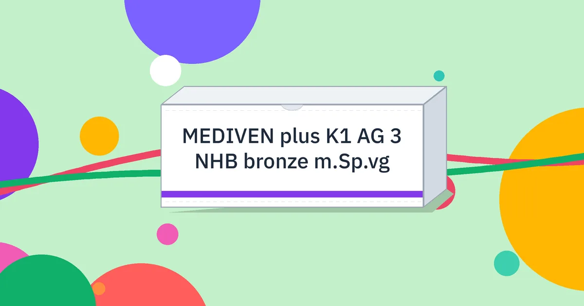 Symbolbild: Packung mit der Aufschrift MEDIVEN plus K1 AG 3 NHB bronze m.Sp.vg (PZN 15922107) – Verfügbarkeit und Bezug in Apotheken in Frankfurt am Main
