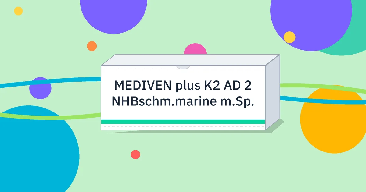 Symbolbild: Packung mit der Aufschrift MEDIVEN plus K2 AD 2 NHBschm.marine m.Sp. (PZN 15938982) – Verfügbarkeit und Bezug in Apotheken in Frankfurt am Main