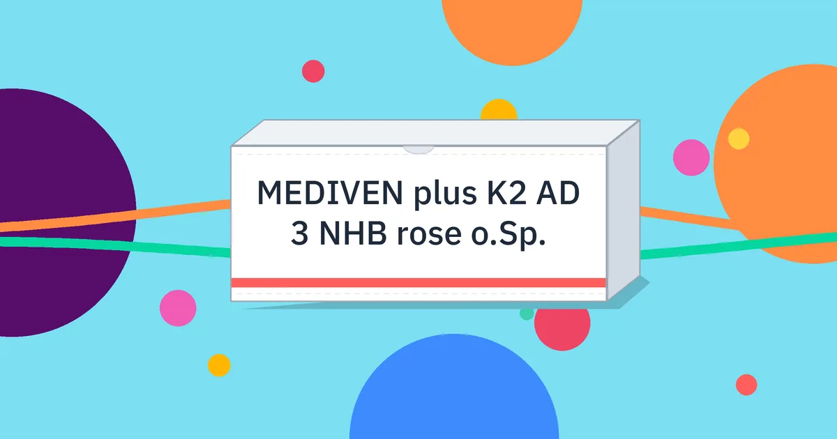 Symbolbild: Packung mit der Aufschrift MEDIVEN plus K2 AD 3 NHB rose o.Sp. (PZN 15936500) – Verfügbarkeit und Bezug in Apotheken in Frankfurt am Main