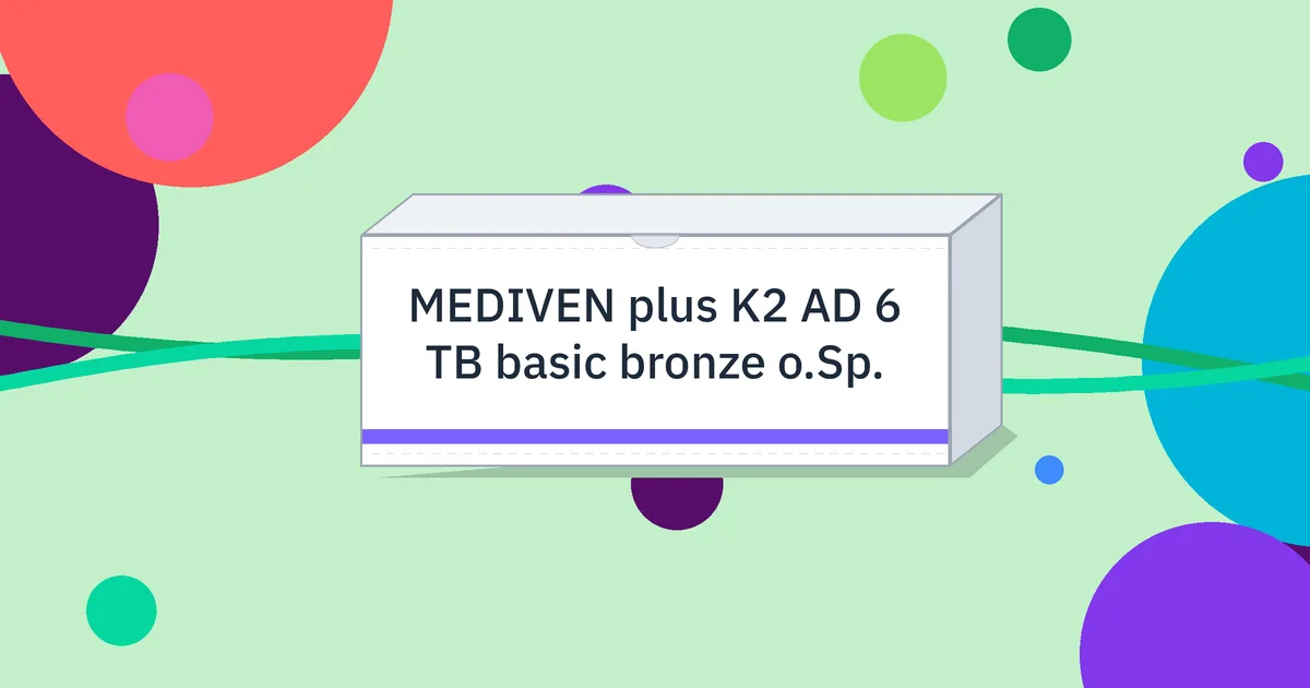 Symbolbild: Packung mit der Aufschrift MEDIVEN plus K2 AD 6 TB basic bronze o.Sp. (PZN 15094857) – Verfügbarkeit und Bezug in Apotheken in Frankfurt am Main