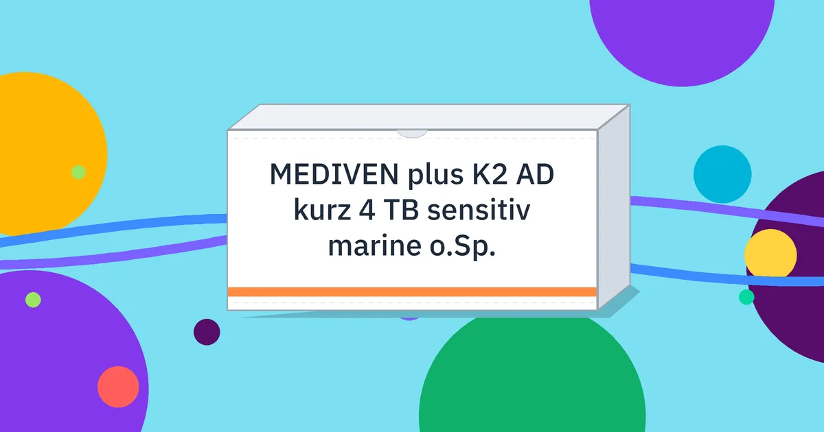 Symbolbild: Packung mit der Aufschrift MEDIVEN plus K2 AD kurz 4 TB sensitiv marine o.Sp. (PZN 15105621) – Verfügbarkeit und Bezug in Apotheken in Frankfurt am Main