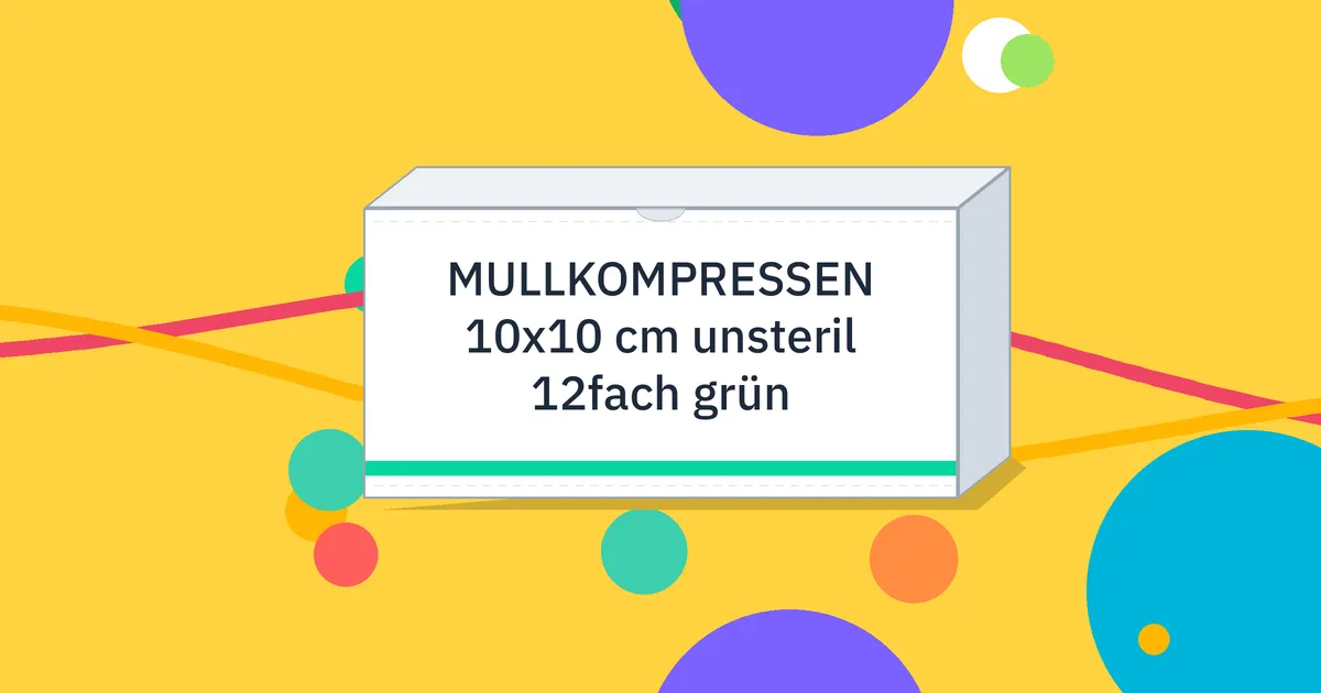 Symbolbild: Packung mit der Aufschrift MULLKOMPRESSEN 10x10 cm unsteril 12fach grün (PZN 04104179) – Verfügbarkeit und Bezug in Apotheken in Frankfurt am Main