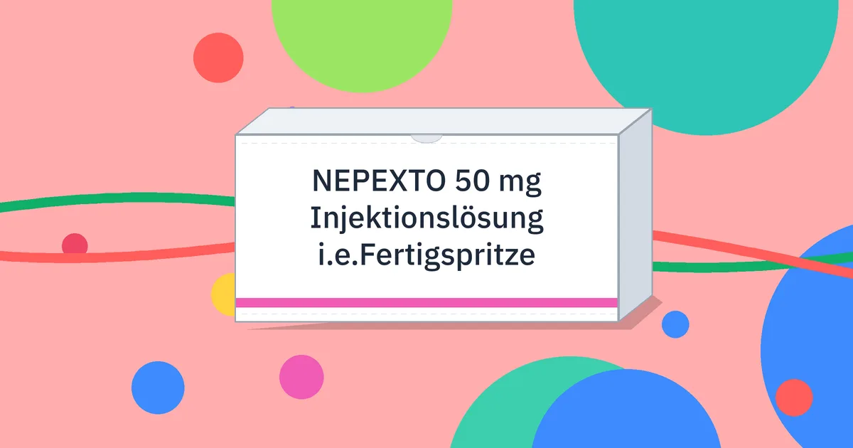 Symbolbild: Packung mit der Aufschrift NEPEXTO 50 mg Injektionslösung i.e.Fertigspritze (PZN 17483043) – Verfügbarkeit und Bezug in Apotheken in Frankfurt am Main