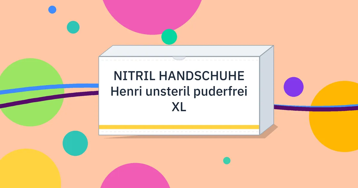 Symbolbild: Packung mit der Aufschrift NITRIL HANDSCHUHE Henri unsteril puderfrei XL (PZN 20303010) – Verfügbarkeit und Bezug in Apotheken in Frankfurt am Main