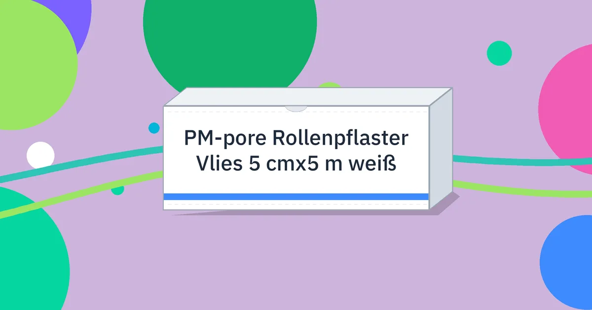 Symbolbild: Packung mit der Aufschrift PM-pore Rollenpflaster Vlies 5 cmx5 m weiß (PZN 18844365) – Verfügbarkeit und Bezug in Apotheken in Frankfurt am Main