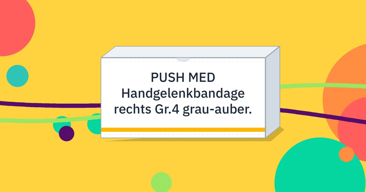 Symbolbild: Packung mit der Aufschrift PUSH MED Handgelenkbandage rechts Gr.4 grau-auber. (PZN 04860840) – Verfügbarkeit und Bezug in Apotheken in Frankfurt am Main