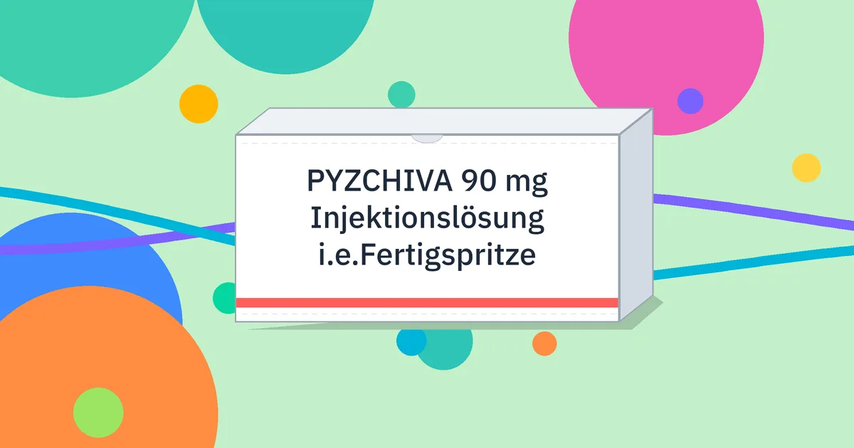 Symbolbild: Packung mit der Aufschrift PYZCHIVA 90 mg Injektionslösung i.e.Fertigspritze (PZN 19904307) – Verfügbarkeit und Bezug in Apotheken in Frankfurt am Main