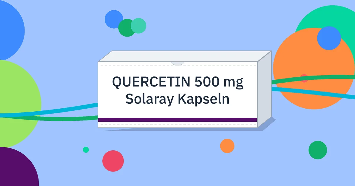Symbolbild: Packung mit der Aufschrift QUERCETIN 500 mg Solaray Kapseln (PZN 15880320) – Verfügbarkeit und Bezug in Apotheken in Frankfurt am Main