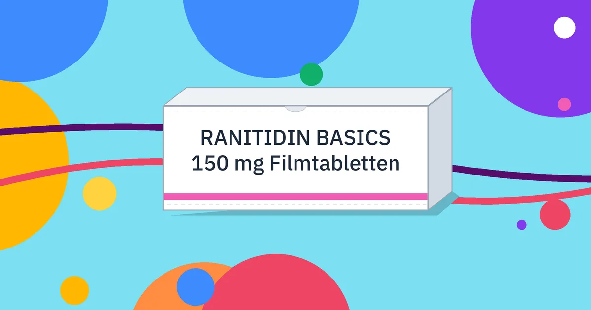 Symbolbild: Packung mit der Aufschrift RANITIDIN BASICS 150 mg Filmtabletten (PZN 07567997) – Verfügbarkeit und Bezug in Apotheken in Frankfurt am Main
