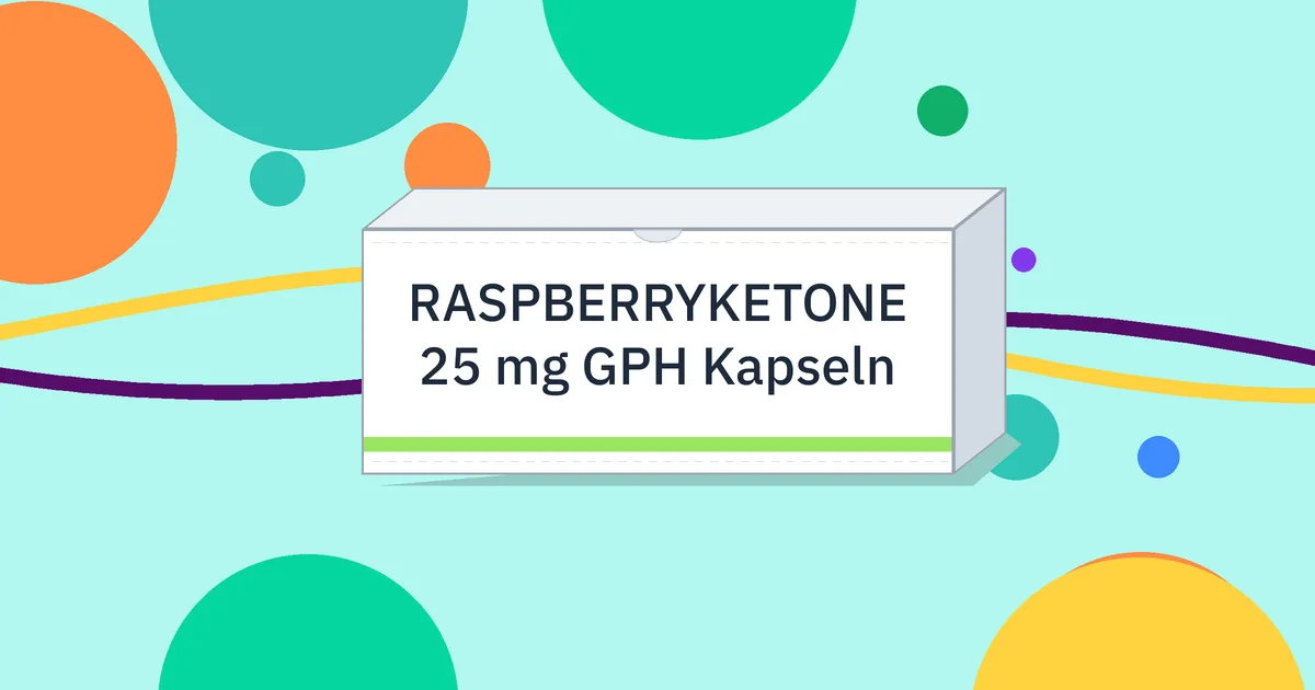 Symbolbild: Packung mit der Aufschrift RASPBERRYKETONE 25 mg GPH Kapseln (PZN 10977500) – Verfügbarkeit und Bezug in Apotheken in Frankfurt am Main