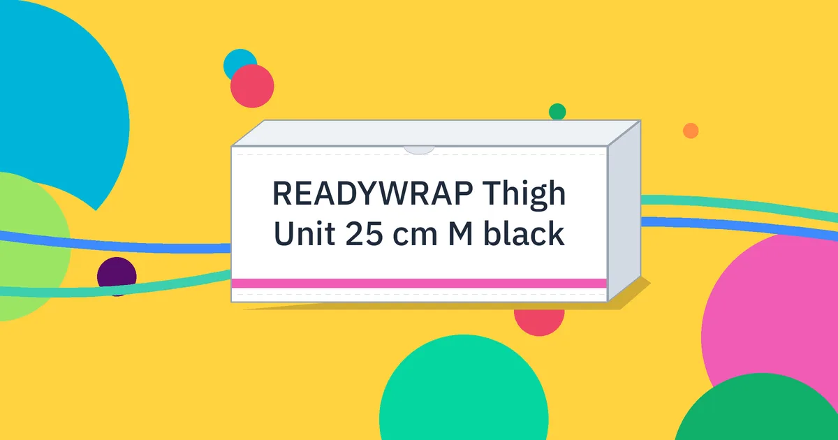 Symbolbild: Packung mit der Aufschrift READYWRAP Thigh Unit 25 cm M black (PZN 16566838) – Verfügbarkeit und Bezug in Apotheken in Frankfurt am Main