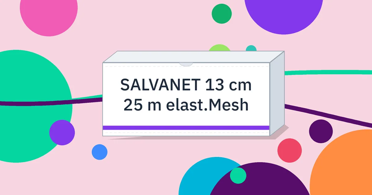 Symbolbild: Packung mit der Aufschrift SALVANET 13 cm 25 m elast.Mesh (PZN 15735641) – Verfügbarkeit und Bezug in Apotheken in Frankfurt am Main