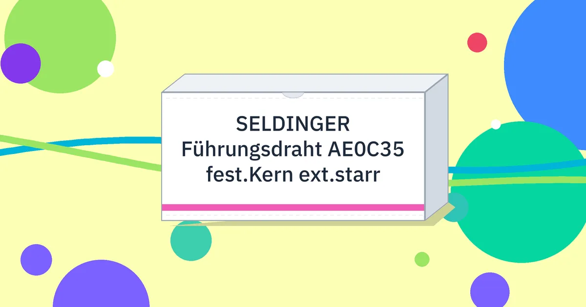 Symbolbild: Packung mit der Aufschrift SELDINGER Führungsdraht AE0C35 fest.Kern ext.starr (PZN 17509104) – Verfügbarkeit und Bezug in Apotheken in Frankfurt am Main