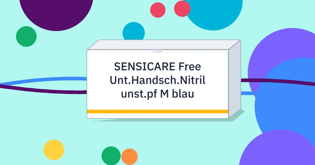 Symbolbild: Packung mit der Aufschrift SENSICARE Free Unt.Handsch.Nitril unst.pf M blau (PZN 16210308) – Verfügbarkeit und Bezug in Apotheken in Frankfurt am Main