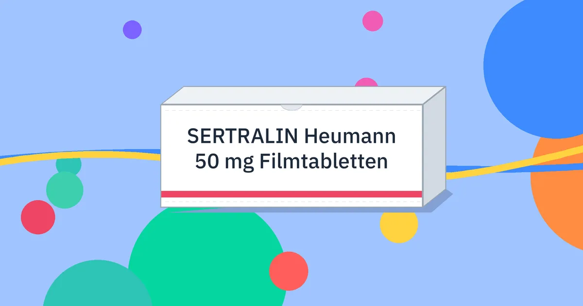 Symbolbild: Packung mit der Aufschrift SERTRALIN Heumann 50 mg Filmtabletten (PZN 03887624) – Verfügbarkeit und Bezug in Apotheken in Frankfurt am Main