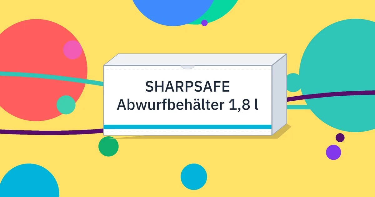 Symbolbild: Packung mit der Aufschrift SHARPSAFE Abwurfbehälter 1,8 l (PZN 16149684) – Verfügbarkeit und Bezug in Apotheken in Frankfurt am Main