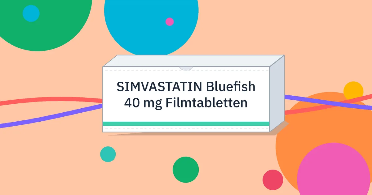 Symbolbild: Packung mit der Aufschrift SIMVASTATIN Bluefish 40 mg Filmtabletten (PZN 07276892) – Verfügbarkeit und Bezug in Apotheken in Frankfurt am Main