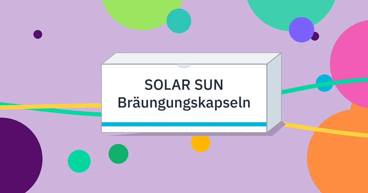 Symbolbild: Packung mit der Aufschrift SOLAR SUN Bräungungskapseln (PZN 04684113) – Verfügbarkeit und Bezug in Apotheken in Frankfurt am Main