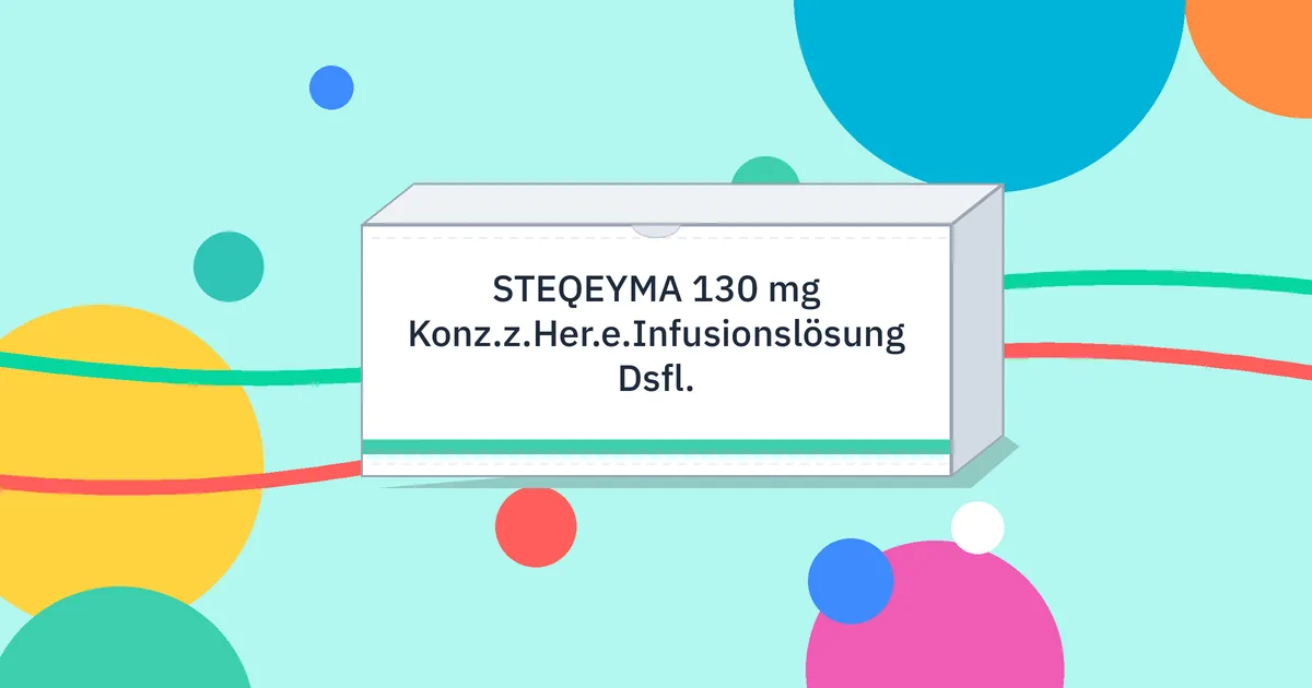 Symbolbild: Packung mit der Aufschrift STEQEYMA 130 mg Konz.z.Her.e.Infusionslösung Dsfl. (PZN 20104411) – Verfügbarkeit und Bezug in Apotheken in Frankfurt am Main