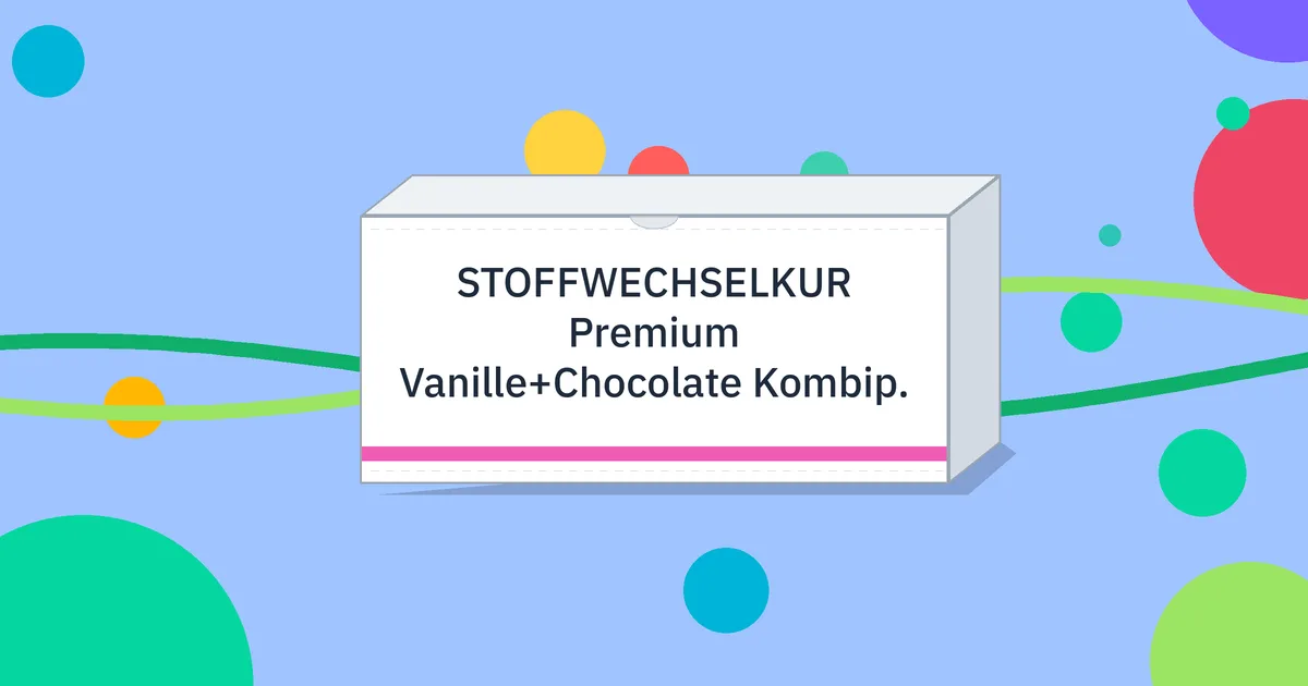 Symbolbild: Packung mit der Aufschrift STOFFWECHSELKUR Premium Vanille+Chocolate Kombip. (PZN 14044283) – Verfügbarkeit und Bezug in Apotheken in Frankfurt am Main