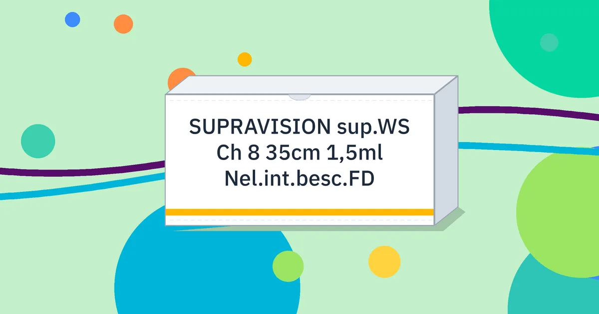 Symbolbild: Packung mit der Aufschrift SUPRAVISION sup.WS Ch 8 35cm 1,5ml Nel.int.besc.FD (PZN 18306165) – Verfügbarkeit und Bezug in Apotheken in Frankfurt am Main