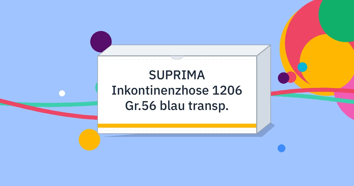 Symbolbild: Packung mit der Aufschrift SUPRIMA Inkontinenzhose 1206 Gr.56 blau transp. (PZN 01515261) – Verfügbarkeit und Bezug in Apotheken in Frankfurt am Main
