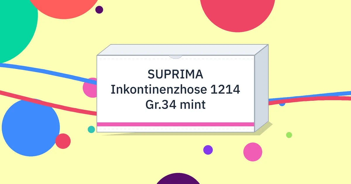 Symbolbild: Packung mit der Aufschrift SUPRIMA Inkontinenzhose 1214 Gr.34 mint (PZN 07633180) – Verfügbarkeit und Bezug in Apotheken in Frankfurt am Main