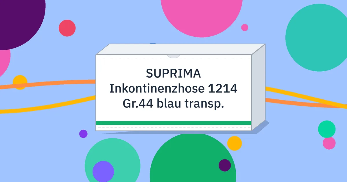 Symbolbild: Packung mit der Aufschrift SUPRIMA Inkontinenzhose 1214 Gr.44 blau transp. (PZN 02852718) – Verfügbarkeit und Bezug in Apotheken in Frankfurt am Main