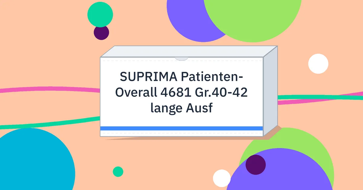 Symbolbild: Packung mit der Aufschrift SUPRIMA Patienten-Overall 4681 Gr.40-42 lange Ausf (PZN 01368587) – Verfügbarkeit und Bezug in Apotheken in Frankfurt am Main