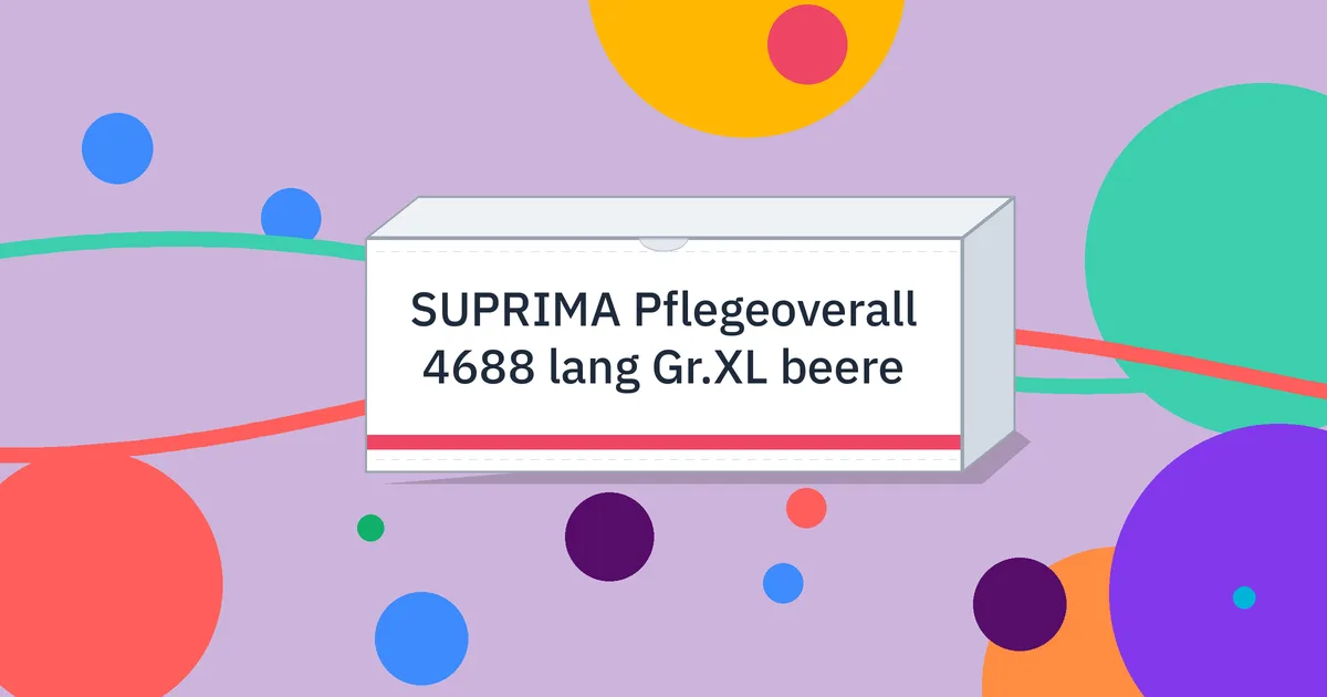 Symbolbild: Packung mit der Aufschrift SUPRIMA Pflegeoverall 4688 lang Gr.XL beere (PZN 11660260) – Verfügbarkeit und Bezug in Apotheken in Frankfurt am Main