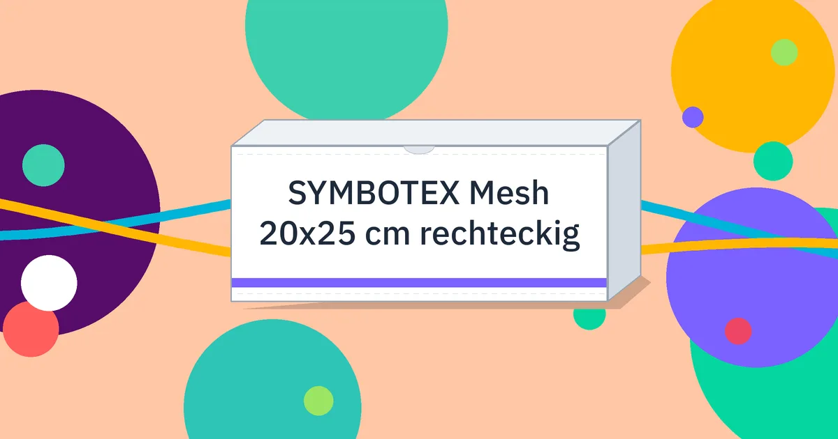 Symbolbild: Packung mit der Aufschrift SYMBOTEX Mesh 20x25 cm rechteckig (PZN 10631196) – Verfügbarkeit und Bezug in Apotheken in Frankfurt am Main